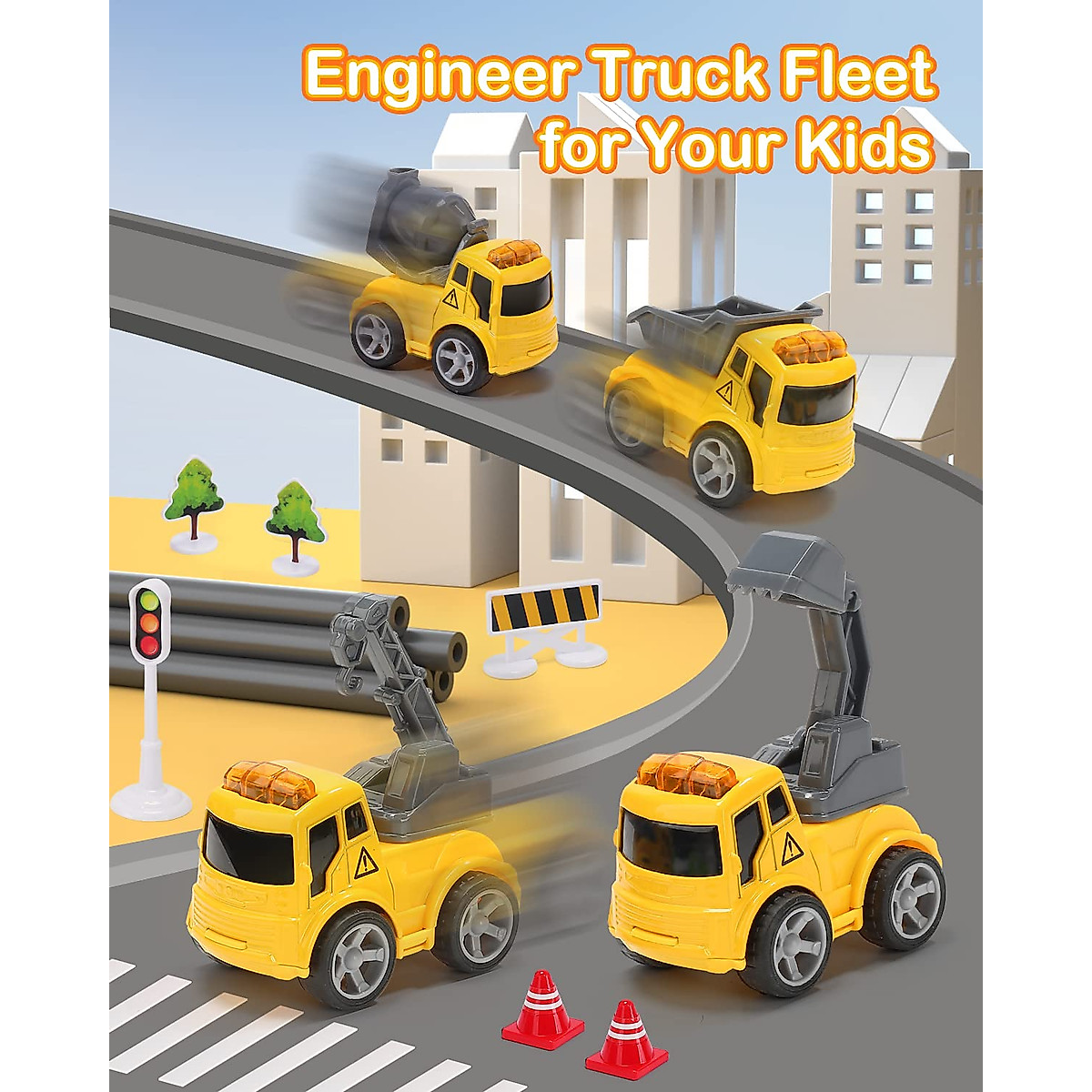 HOLY Fun 5 in 1 Construction Truck Toy Set, Transport Carrier Truck with Spray Sound& Light, 4 Small Engineering Mixer Excavator Crane Dump Car, Friction Power Truck Set, Early Learning Gift for Kids