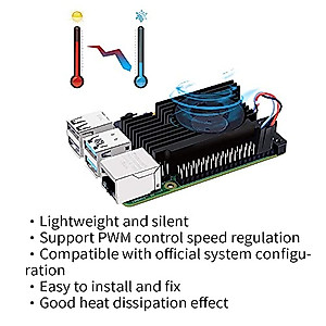 GeeekPi Aluminum Heatsink with PWM Controllable Fan for Raspberry Pi 4, Pi 4 Armor Lite Heatsink with PWM Speed Control Fan for Raspberry Pi 4 Model B