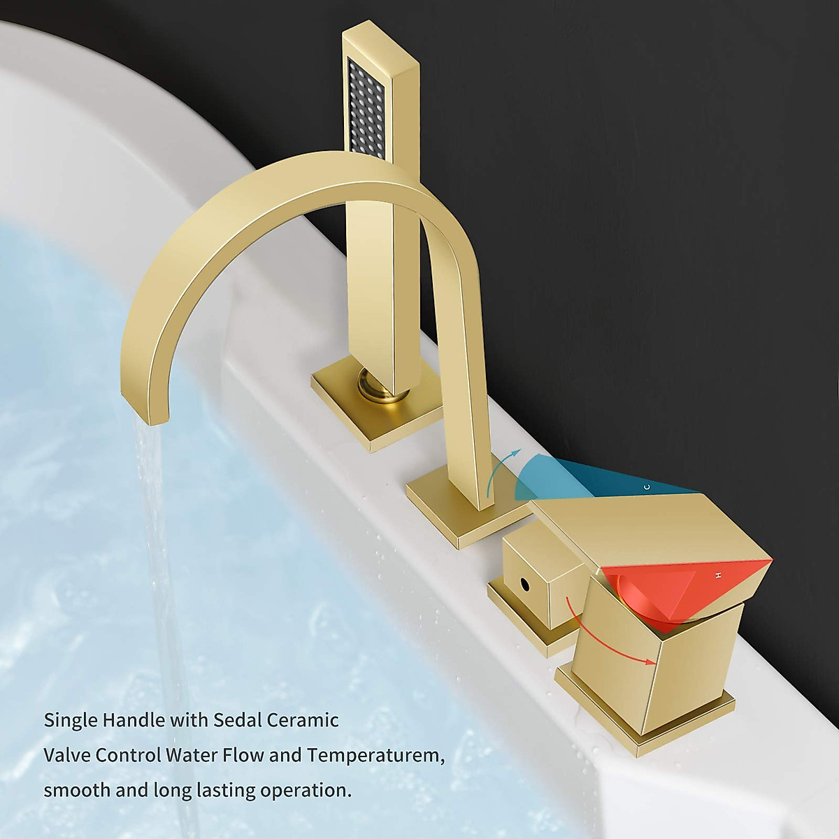 WATHELS Modern 4-Hole Waterfall Brushed Gold Bathtub Faucet Bathroom Roman Tub Filler Solid Brass Tub Faucet with Handheld Shower