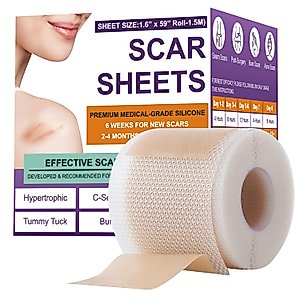 Silicone Scar Sheets,Silicone Scar Tape,Scar Tape For Surgical Scars,Silicone Scar Removal Strips For Surgical,C-Section,Tummy Tuck,Keloid Scars(1.6"X 59" Roll-1.5M) Keloid Bump Removal