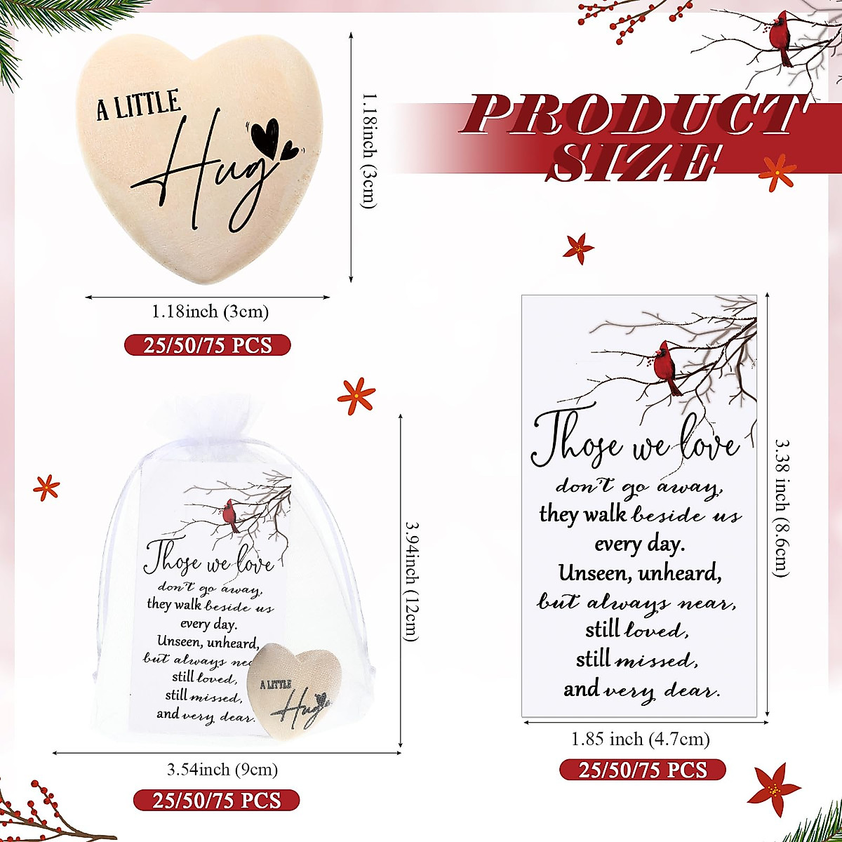 Fumete 50 Sets Funeral Gift Favors for Guests, Wooden Heart Token with Sheer Organza Bags and Red Cardinal Greeting Cards for Church Favors Christmas Family Funeral Pocket Hug Gifts
