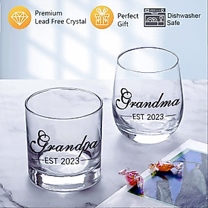 axqania Grandpa Grandma Wine Glass Set - 2023 11 oz Whiskey Glass Gift Set, Announcement Whiskey Glass Set Promoted to Grandma & Grandpa