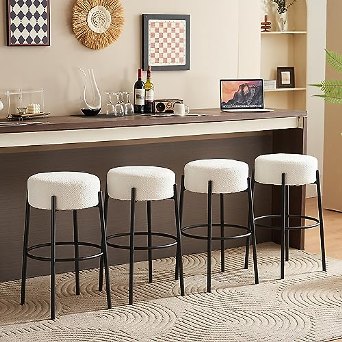 Dolonm 30 Inch Round Bar Stools Set of 2, Teddy Fabric Upholstered, Bouclé and Sherpa Chairs, Backless Kitchen Island Stools, Metal Frame Bar Chairs, Beige with Black Legs (Set of 2)