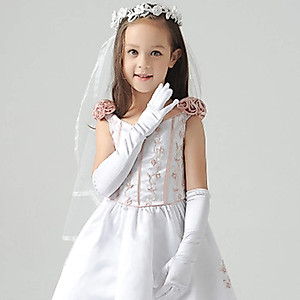 2 Pair Little Girls Long Princess Costume Glove, Creatiee White Dress Up Beading Bows Glove for Kids Party, Wedding, Birthday, Holiday, Formal Pageant (White)