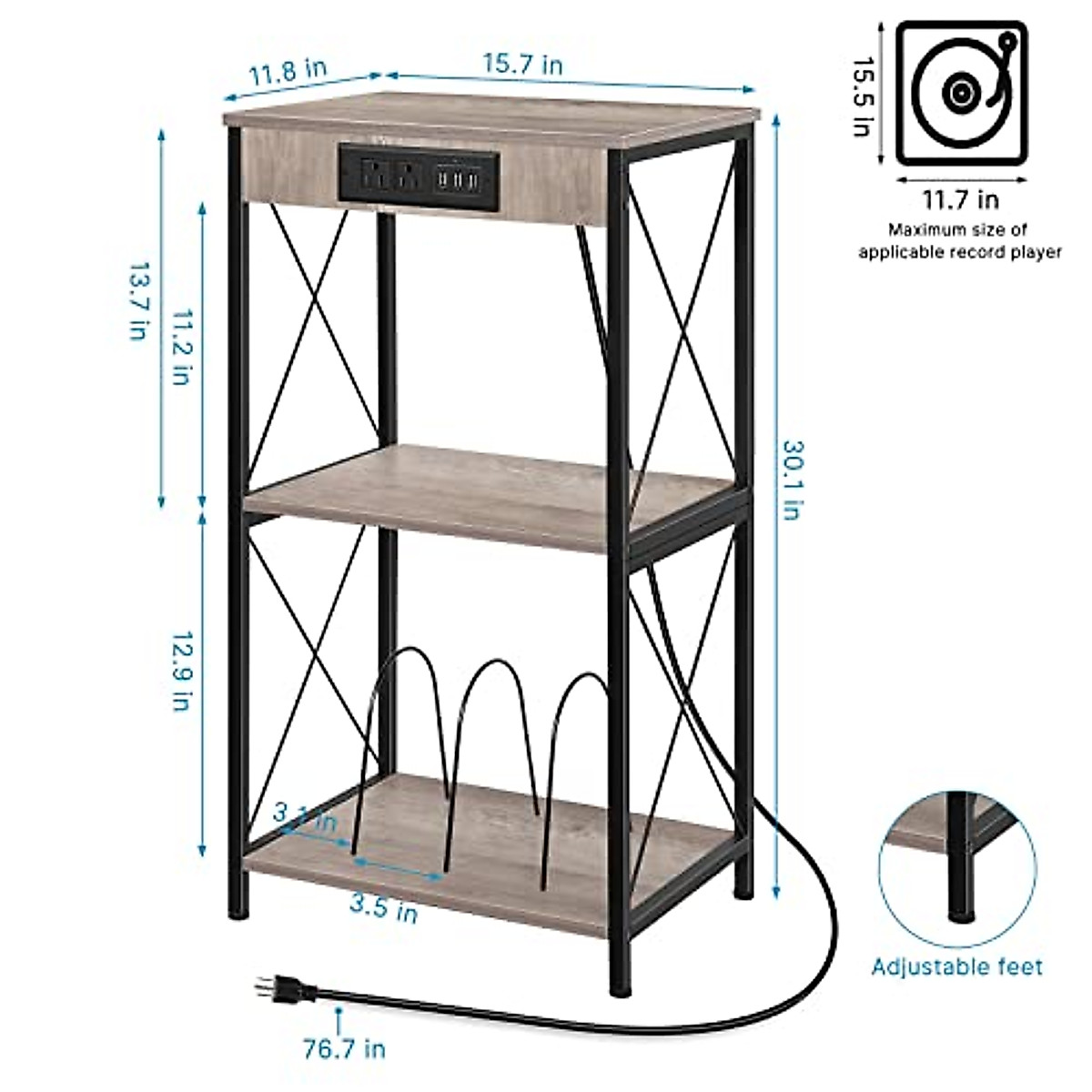 Vrisa 3-Tier Vinyl Record Storage Shelf Record Player Stand with Charging Station, Grey