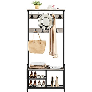 Topeakmart Hall Tree with Bench and Shoe Storage, Coat Rack with Top Shelf, 23 Hooks, 4-in-1 Design, Entryway Storage Organizer for Hallway Bedroom Apartment, Metal Frame, Gray
