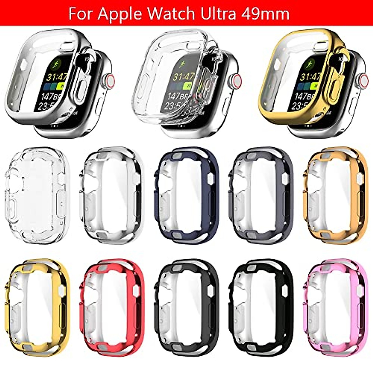 SAWIDEE TPU Glass+case for Apple Watch Series Ultra 49mm smartwatch PC Screen Protector Bumper Tempered for Apple Watch Ultra 49mm (Color : Gold)