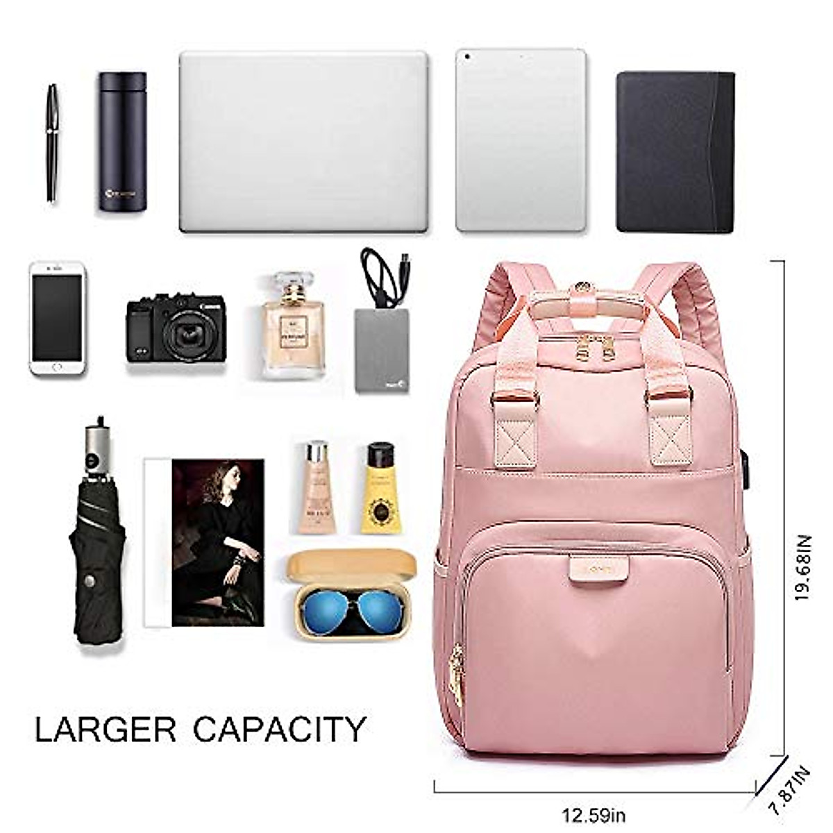 Travel Backpack for Women Men, Laptop Backpack Large Capacity Backpack for School with USB Charging Port, Work Laptop Bag Water Resistant, Waterproof Backpack Anti Theft-Pink