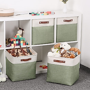 Temary Cube Storage Baskets for Shelves 10pack Fabric Storage Basket for Organizing Toys, Clothes, Storage Cubes with Leather Handles, Closet Baskets Nursery Home (White&Green)