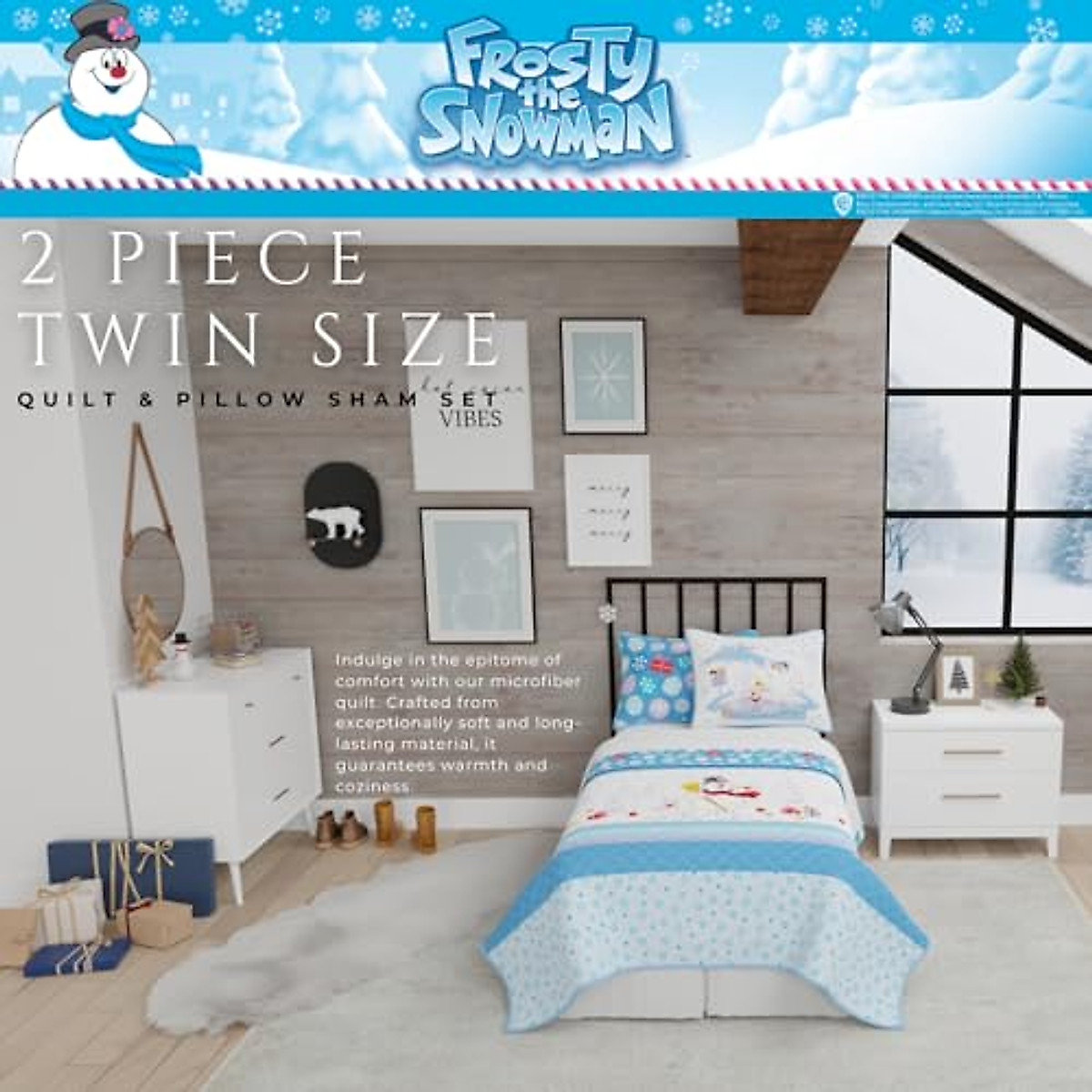 Franco Frosty The Snowman Holiday & Christmas Quilt Bedding Super Soft 2 Piece Pillow Sham and Quilt Set, Twin Size 68" x 86", (100% Officially Licensed Product)