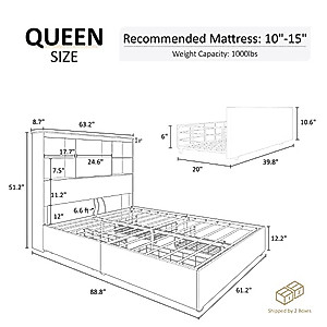 AMERLIFE Queen Size Bed Frame Wooden Platform Bed with 51.2" Storage Bookcase Headboard, 4 Storage Drawers & Charging Station/No Box Spring Needed/Noise Free/Rustic Brown