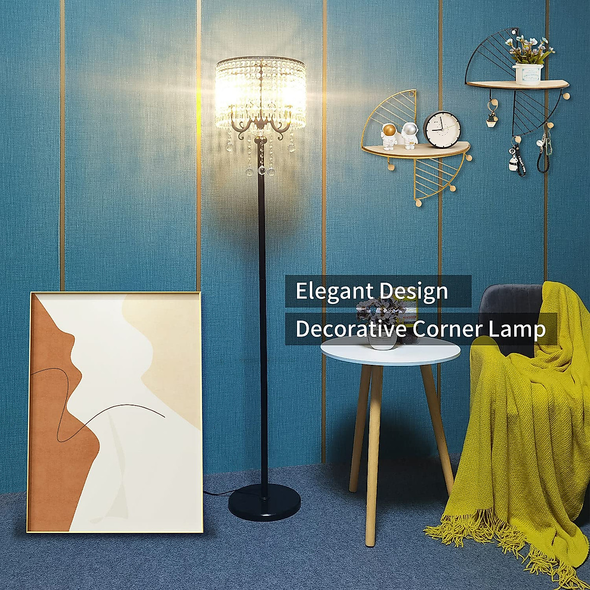 Hsyile KU300267 Modern Elegance Crystal Floor Lamp for Living Room,Bedroom,Office - Standing Tall Pole Lamp - Classic Black