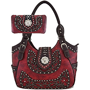 Western Style Cowgirl Belts Buckle Country Purse Crossbody Handbag Women Hobo Shoulder Bag Wallet Set Red
