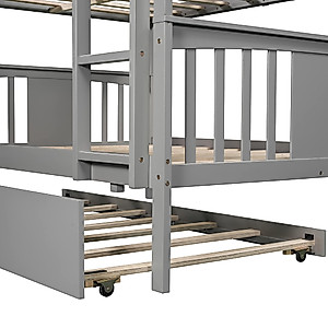 Harper & Bright Designs Full Over Full Bunk Bed with Trundle, Solid Wood Bunk Bed with Ladder for Bedroom, Guest Room Furniture – Gray