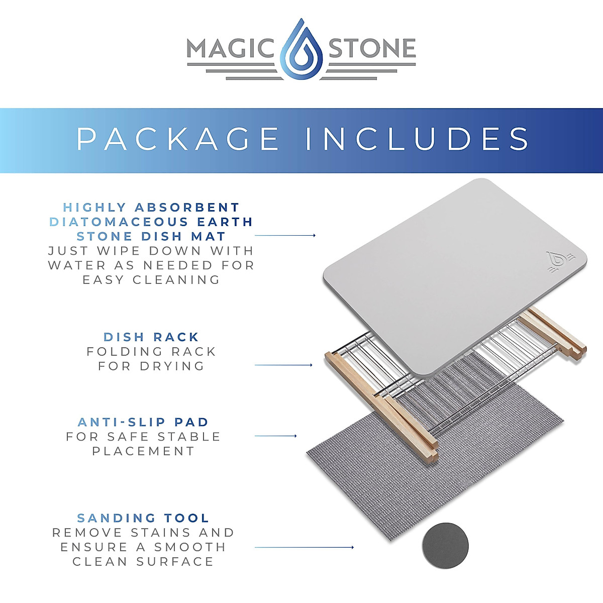 Magic Stone - Diatomaceous Earth Kitchen Mat and Bamboo Dish Rack – Super Absorbent Dish Drying Mats for Kitchen Counter, Durable & Quick Drying Mat (White)