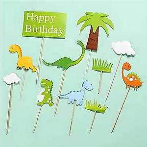 Dinosaur Cake Toppers for Boys and Girls, Dinosaur Cupcake Toppers Happy Birthday for Kids 1 2 3 4 5 6 7 8 year olds, Birthday Cake Decorations Cards Party Supplies with Clouds and Tree