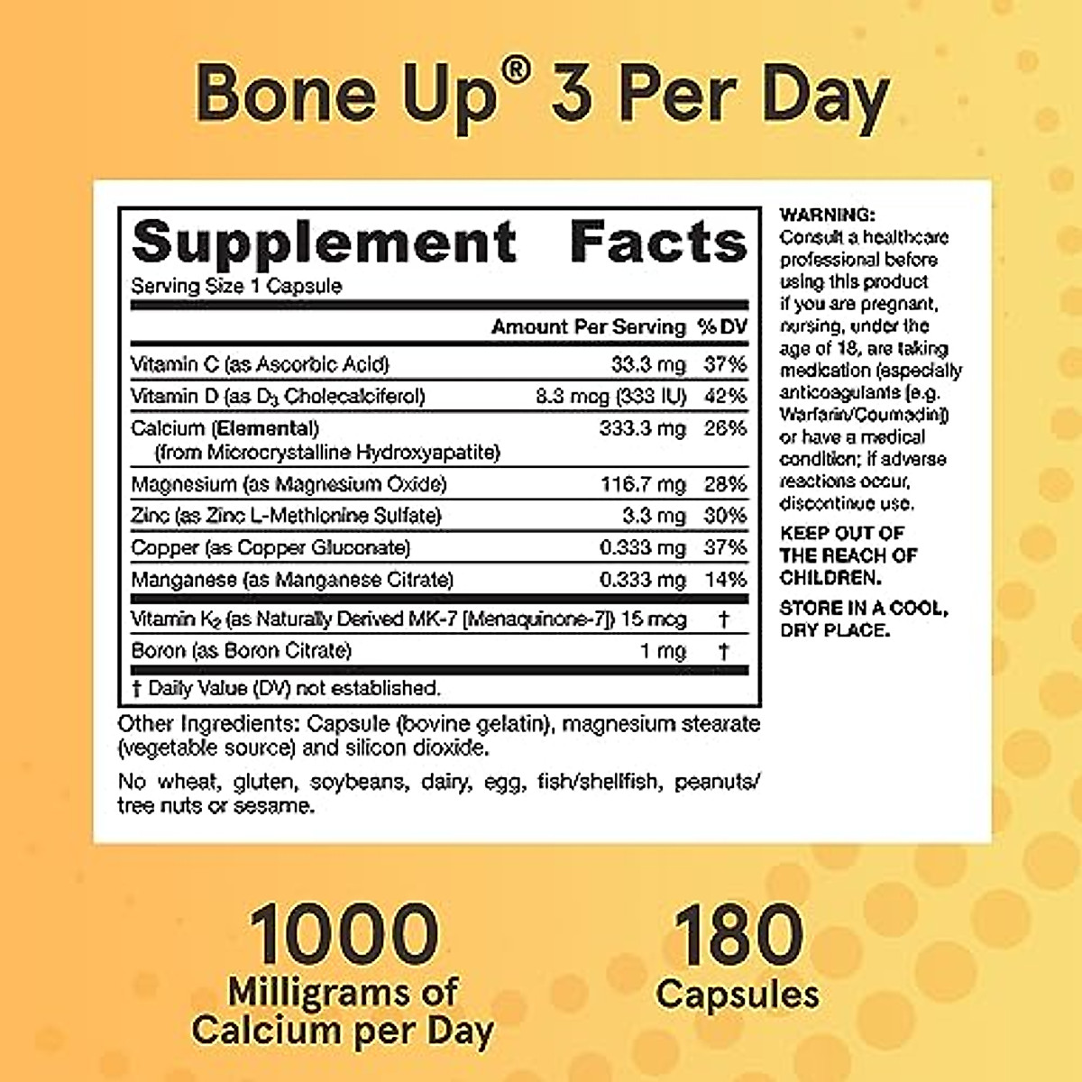 Jarrow Formulas BoneUp Three Per Day - 180 Capsules - 60 Servings - For Bone Support & Skeletal Nutrition - Includes Naturally Derived Vitamin D3, K2 (as MK-7) & 1000mg Calcium - Gluten Free - Non-GMO