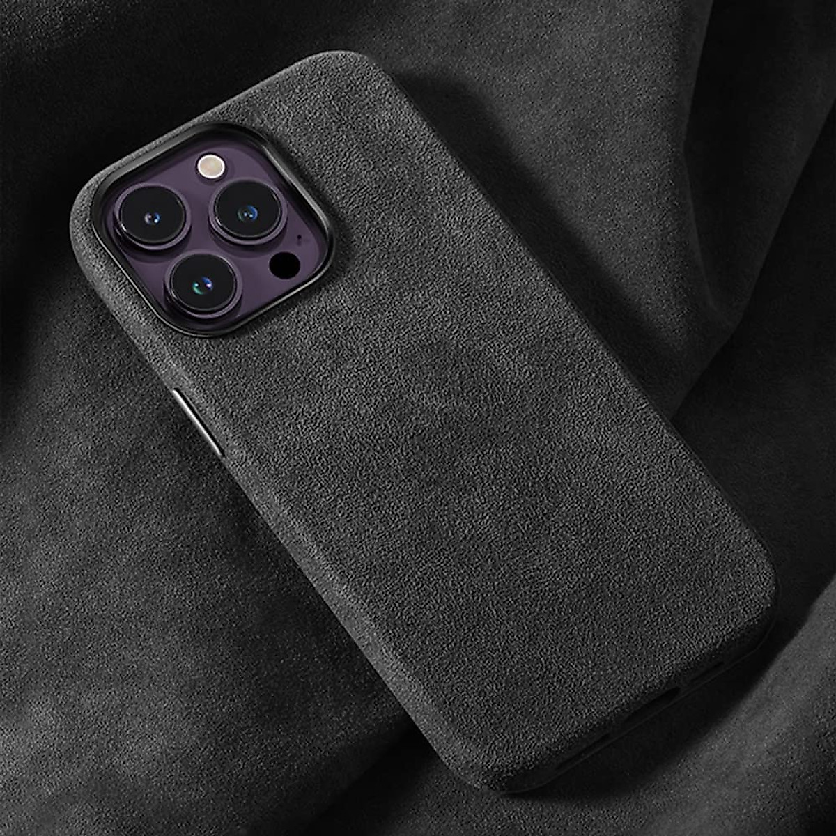Komodoty Luxury Alcantara iPhone 14 Plus Case. Premium Italian Imported Material. Fully Wrapped Four Side Protection. MagSafe Compatible. Black