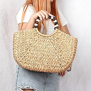 Comeon Natural Straw Bag, Hand Woven Casual Tote Bag Summer Beach Bag, Bead decoration Handle Handbags (Camel)