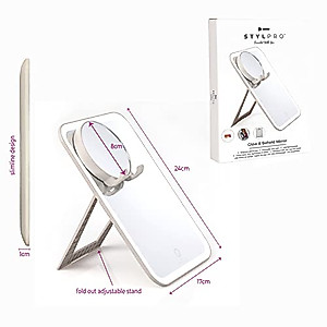 stylPro Glow and Behold Mirror with LED Lights | Magnetic 10x Magnifying Mirror | Touch Screen Button | Phone Holder | USB Charging | Adjustable Stand | Soft Luxury Travel Case | USB Charging Cable