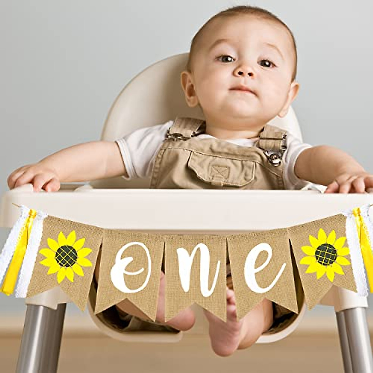 Doumeny Jute Burlap One Banner with Sunflower One HighChair Banner Boy Girl 1st/First Birthday Bunting Banner Baby Shower Party Banner Sunflower Tassel Ribbon Garland Banner for Party Photo Prop Decor