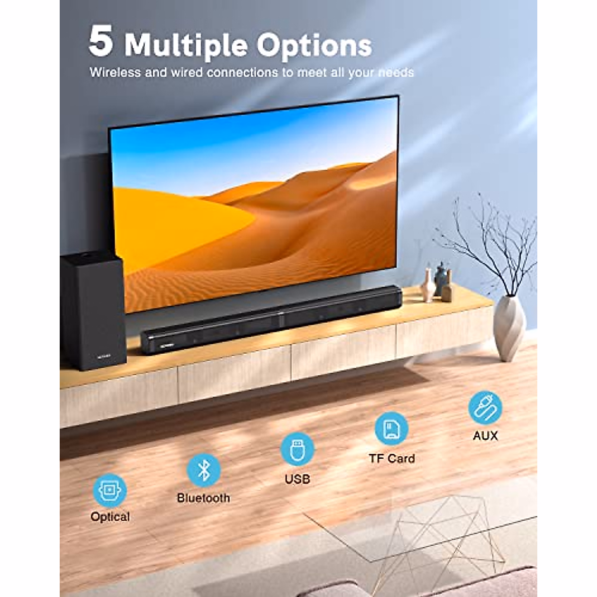 ULTIMEA Sound Bars for TV with Subwoofer Deep Bass, 2.1 TV Sound Bar, 5 EQ/Voice Clear, Bluetooth Soundbar for TV Speakers Surround Sound, TV Soundbar for PC Works w/Optical/AUX/USB, Mountable-110dB