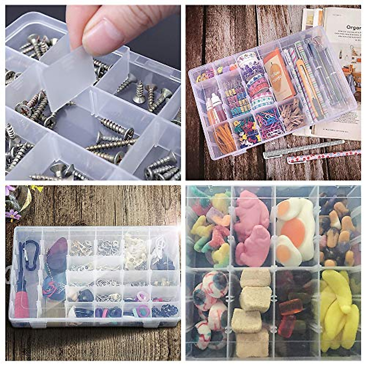 VIUJUH 36 Grids Clear Plastic Bead Organizer Jewelry Storage Box for Bead Storage, Felt Board Letters, Fishing Tackle, Loom Bands, Craft, Rock Collection with Adjustable Dividers (4 Packs)