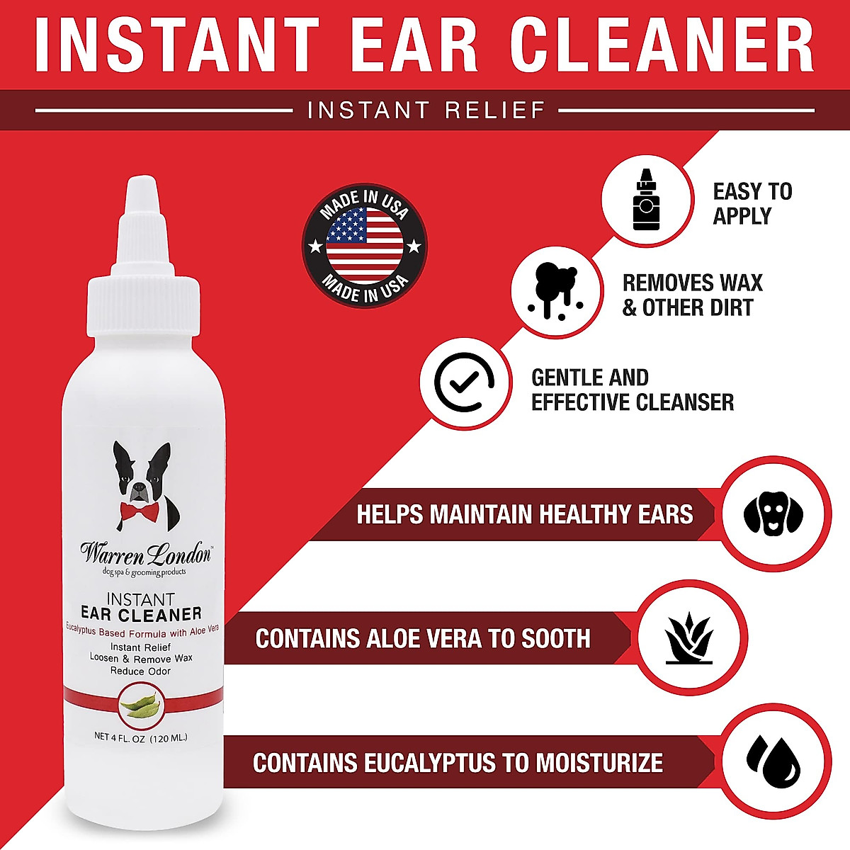 Warren London Instant Ear Cleaner for Cat & Dog with Aloe and Eucalyptus to Clean, Soothe, Control Odor, and Prevent Irritation | Ear Itching Essential I Made USA | 4oz
