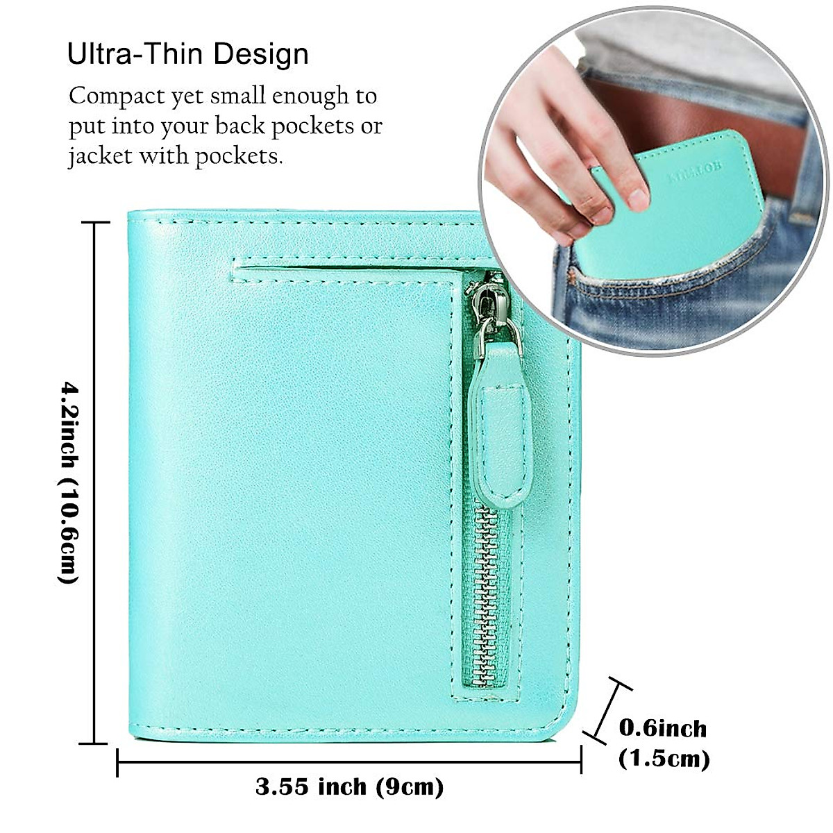 FUNTOR Small Wallets for Women, Ladies Small Compact Bifold Pocket RFID Blocking Genuine Leather Wallet for Women, BlingGreen