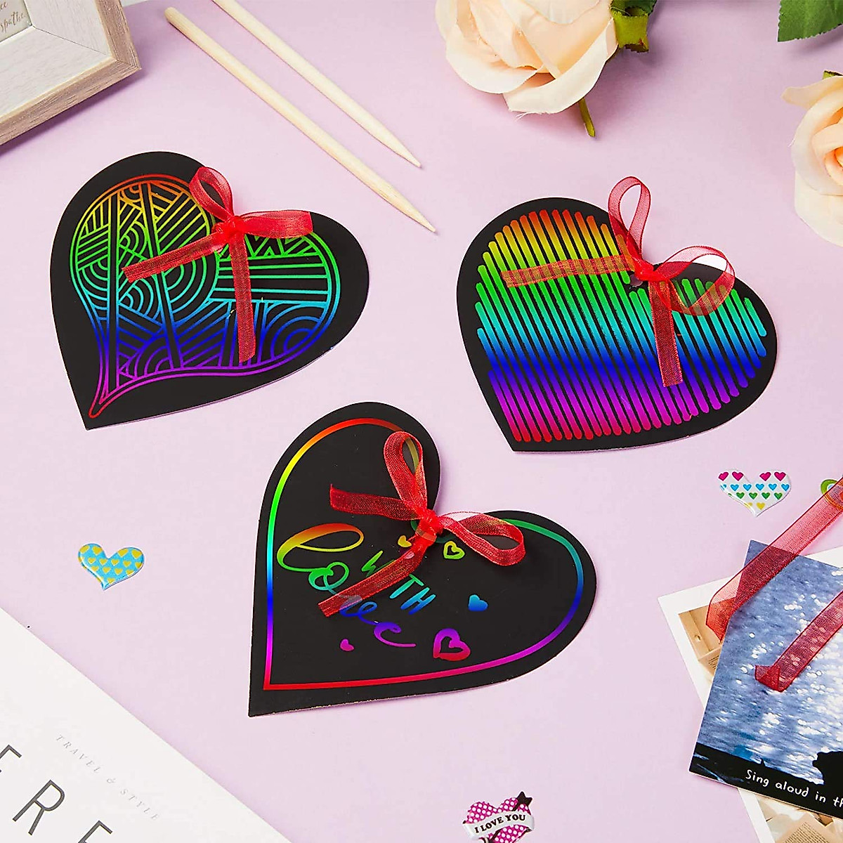 28 Pieces Valentine Crafts Scratch Paper Ornaments Heart Shape Rainbow Scratch Craft Art, with 28 Pieces Wooden Styluses,28 Pieces Ribbons, and 2 3D Puffy Stickers, for Valentine DIY Art Decorations