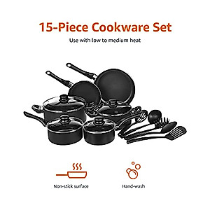 Amazon Basics Non-Stick Cookware 15-Piece Set, Pots, Pans and Utensils, Black