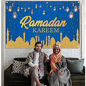 JOZON Ramadan Kareem Backdrop Banner 71 x 45 Inch Large Size Ramadan Mubarak Blue Gold Background Banner Islamic Eid Mubarak Festival Party Decorations Supplies Muslim Ramadan Photo Booth Props