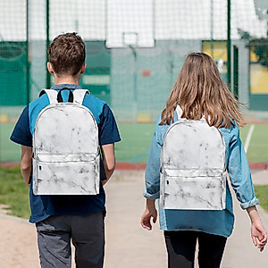 sewbuapo School Backpack for Boys Girls Portable Wide shoulder strap Casual Daypack Lightweight Travel Bag for Travel (White Marble)