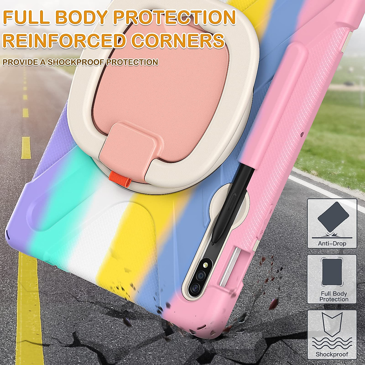BRAECN Case for Galaxy Tab S9/S8/S7 11 Inch SM-X710/X700/T870, Rugged Silicone Cover with Stable Kickstand, S Pen Holder, 360°Rotating Handel Grip, Shoulder Strap for Galaxy Tab S9 2023, Colorful Pink