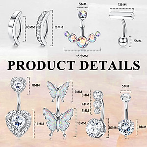LOYALLOOK 8Pcs Clicker Belly Button Ring for Women Surgical Steel CZ Heart Butterfly Belly Ring Simple Bar Reverse Curved Navel Rings Belly Barbell Piercing Jewelry 14G Silver Tone