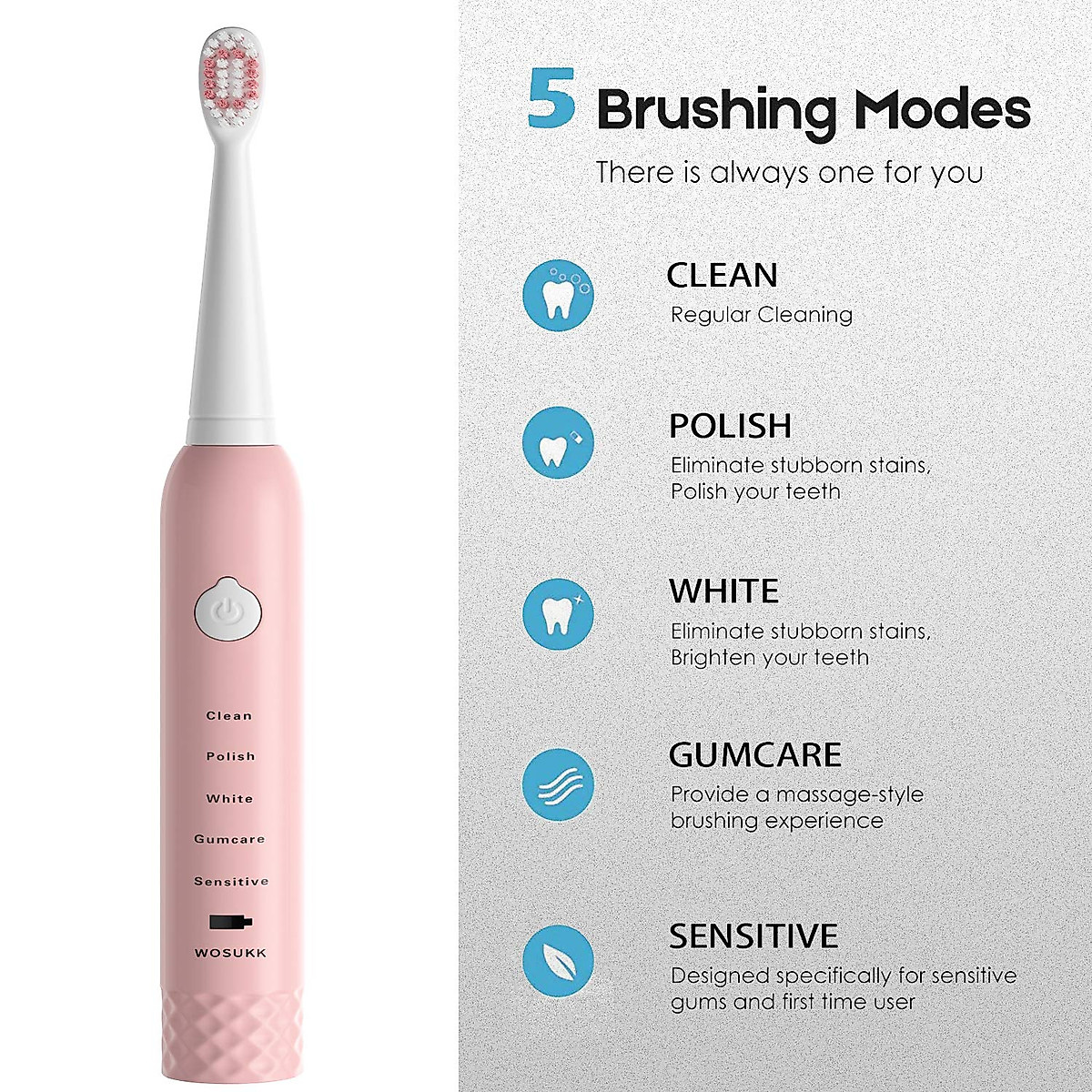 WOSUKK Kids Electric Toothbrushes for Adults Sonicare Electric Toothbrush Rechargeable Electrical Toothbrush, 2-Min Timer, 4 Replacement Brush Heads Pink