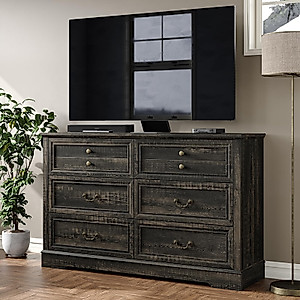 Furnihold Farmhouse 6 Drawers Dresser for Bedroom, Black Double Dresser, Wide Chest of Drawers for Bedroom, Living Room,Hallway