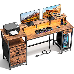 Furologee Computer Desk with 4 Drawers, 60" Office Long Desk with Fabric File Cabinet and Power Outlets, Gaming Desk with LED Lights, Study Writing Work Desk for Home Office, Rustic Brown