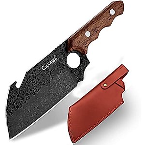 Meat Cleaver Knife, Heavy Duty Kitchen Chopping Knife with Leather Sheath and Bottle Opener Full Tang Ergonomic Handle for Kitchen/Camping/Outdoor Survival BBQ -Gift Box