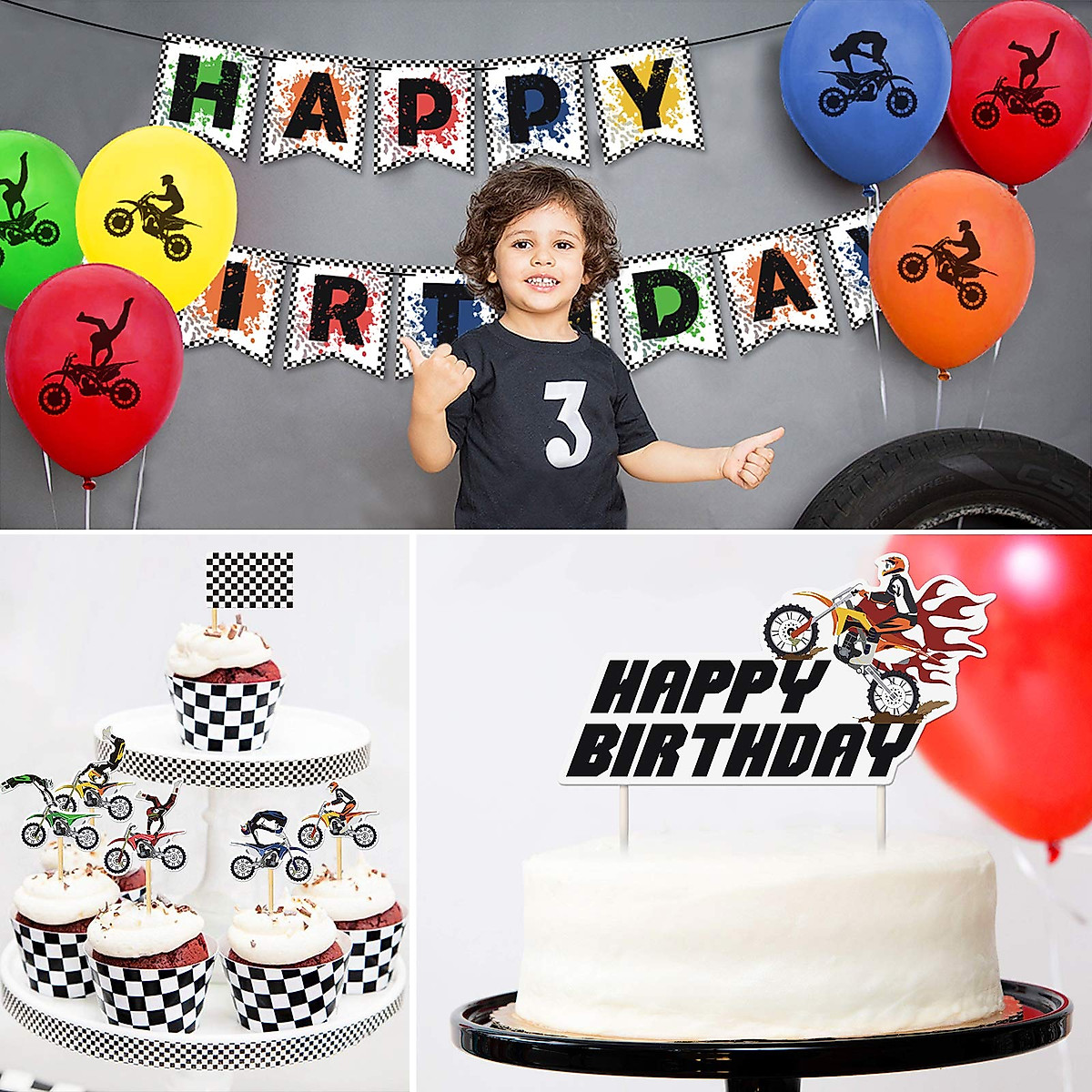 57Pcs Motocross Birthday Party Supplies Dirt Bike Garland Banner Cake Topper Motorcycle Cupcake Toppers Latex Balloons Set for Dirt Bike Extreme Sports Racing Party Boy Birthday