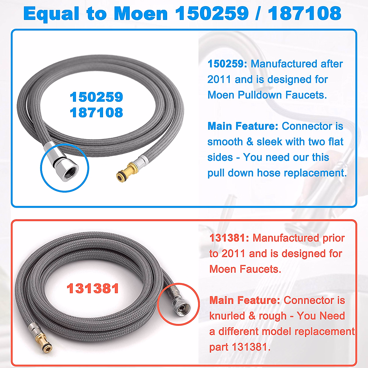 150259 Pull Down Hose Kit For Moen Faucet Replacement Part 150259 Hose, Moen Kitchen Faucet Replacement Part 187108, Reflex Moen Pull Down Hose, 68" Quick Connect Hose, Upgraded Ver.