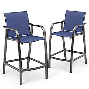 Pellebant Aluminum Outdoor Bar Stool Set of 2, Patio Counter Height Stools & Bar Chairs All-Weather for Backyard, Pool, Garden, Deck,Brown Frame, 27.5'' Seat Height,270 lb Capacity-Navy Blue