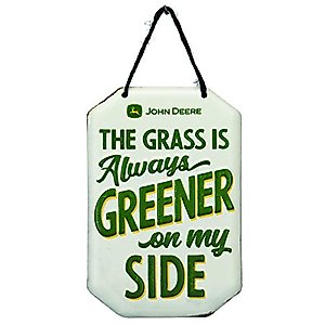 Open Road Brands John Deere Grass is Greener On My Side Embossed Metal Hanging Sign - Small John Deere Sign for Home Decorating - Great Gift Idea