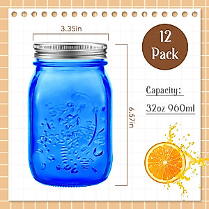 12 Pieces 32 oz Colored Mason Jars Glass Mason Jars with Lids Glass Wide Mouth Canning Jar Mason Jars NOT Allowed Dishwasher (Dark Blue)