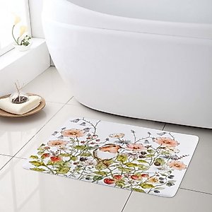 LB Pink Floral Bathroom Rug Green Leaf Red Strawberry Cute Bird Bath Mat White Aesthetic Wildflower Doormat Non Slip Memory Foam Super Absorbent Floor Mats,24x16 Inch