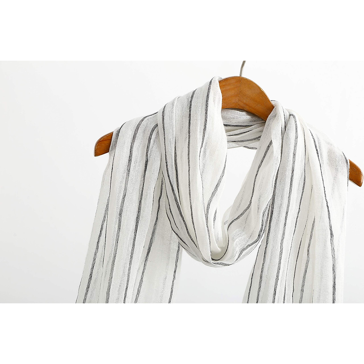 Jeelow 100% Linen Lightweight Striped Light Scarf Shawl Wrap For Men & Women (White Linen Black Stripes)