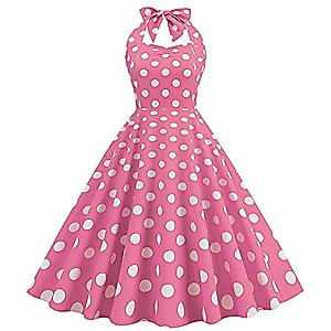 1950s Dresses for Women Halter Neck Polk Dots Swing A Line Dress Rockabilly Tea Party Garden Midi Dress Retro Dresses for Women Vintage 1950s Cocktail Dresses for Women Pink