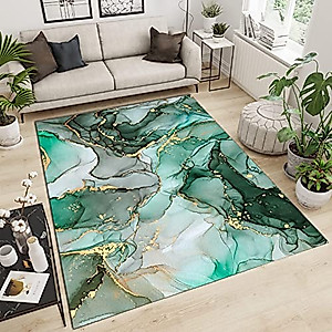 Abstract Emerald Green Marble Area Rug, Modern Abstract Fluid Art Decorative Rug, Easy Clean Carpet with Anti-Slip Backing for Bedroom Living Room Dining Room Office 5ftx6ft