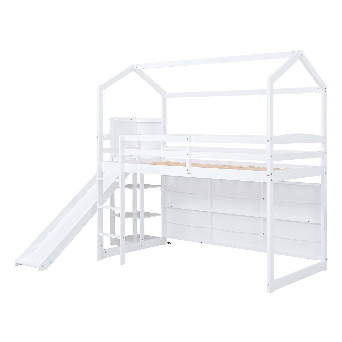 BOVZA Twin House Loft Bed with Slide, Storage Shelves and LED Light, Wood Twin Low Loft Bed Frame with Roof and Ladder, Playhouse Loft Bed for Kids Boys Girls Teens, White