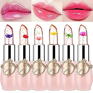 firstfly Pack of 6 Crystal Flower Jelly Lipstick, Long Lasting Nutritious Lip Balm Lips Moisturizer Magic Temperature Color Change Lip Gloss (Pink)